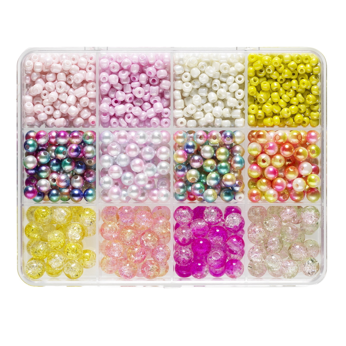 Pärlmix med 3 sorters pärlor av glas och plast i 12 lekfulla nyanser ...