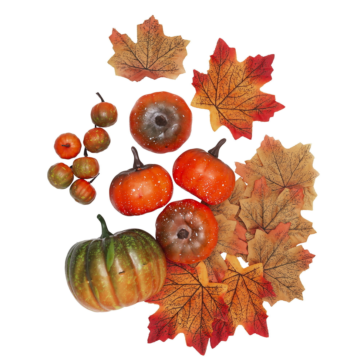 Kit med pumpor och höstlöv att dekorera halloween och halloween-fest ...