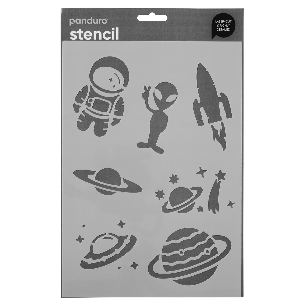 Schablon A4, stencil med rymdskepp, planeter och rymdtema | Panduro