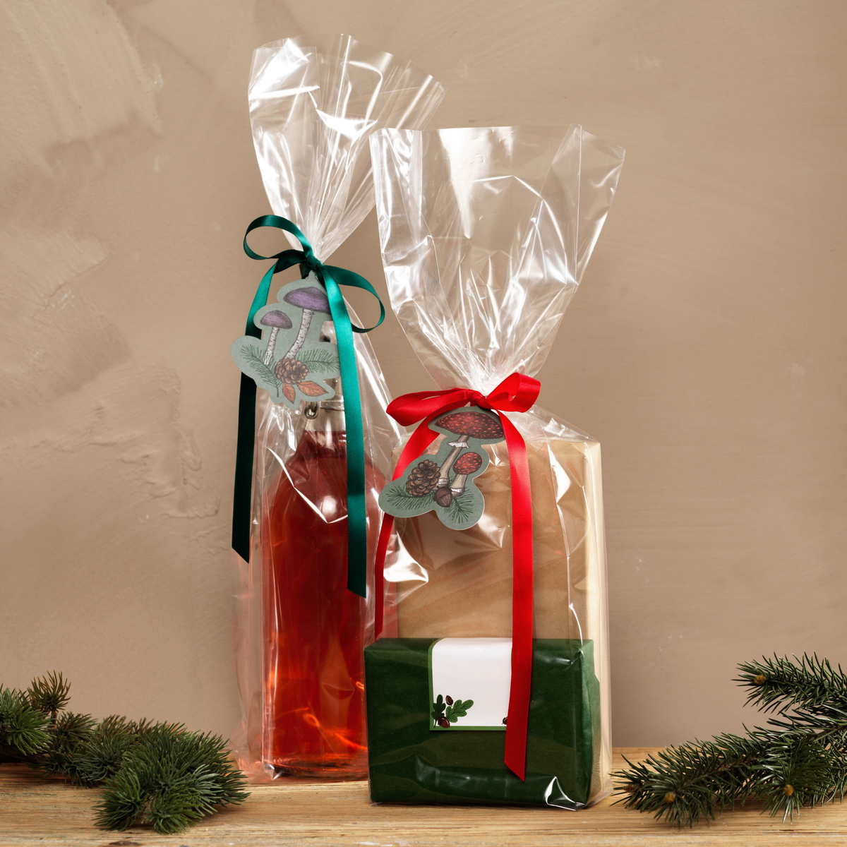 Folierade presentpåsar kit 6 st. 13×48×9 cm, 6 svamp-tags och 2×2 m ...