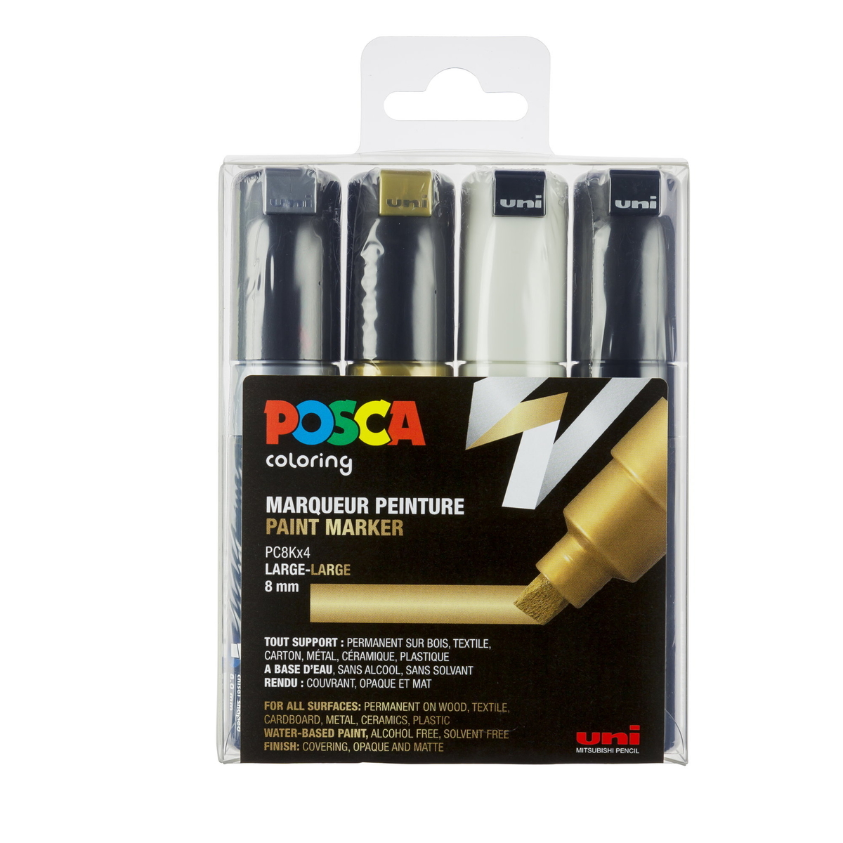 Posca PC-8K 4-pack – silver / guld / svart / vit | Panduro