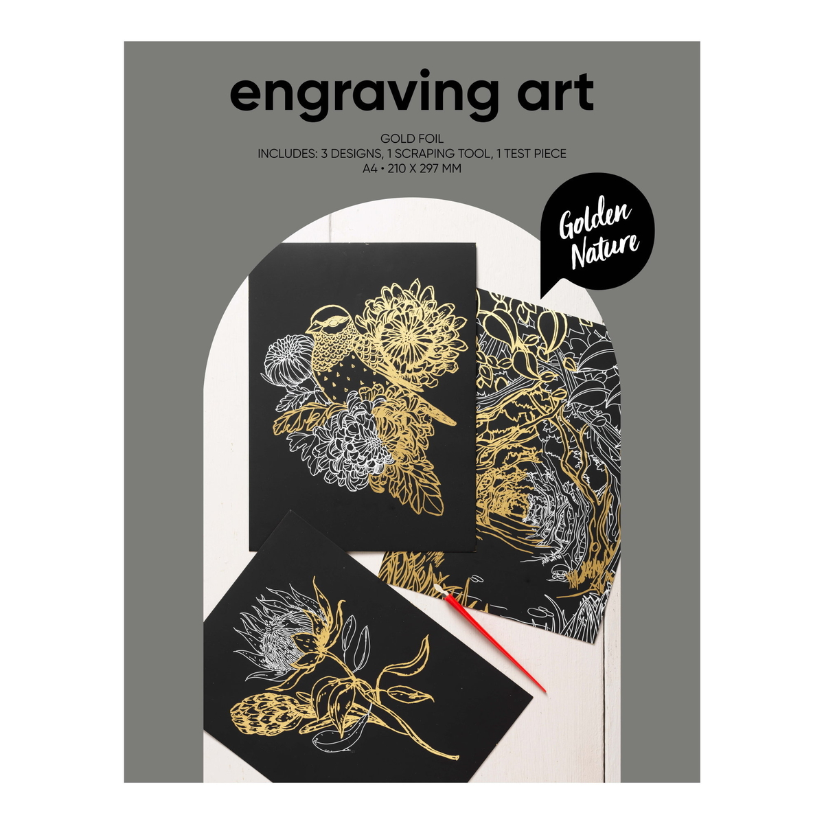 Engraving art Golden Nature – scratch art med 3 st. A4-ark, guldiga ...