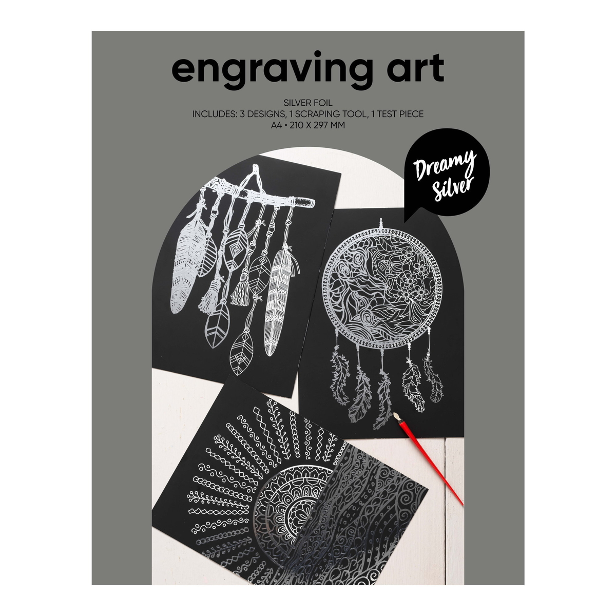 Engraving art Dreamy Silver – scratch art med 3 st. A4-ark, silvriga ...