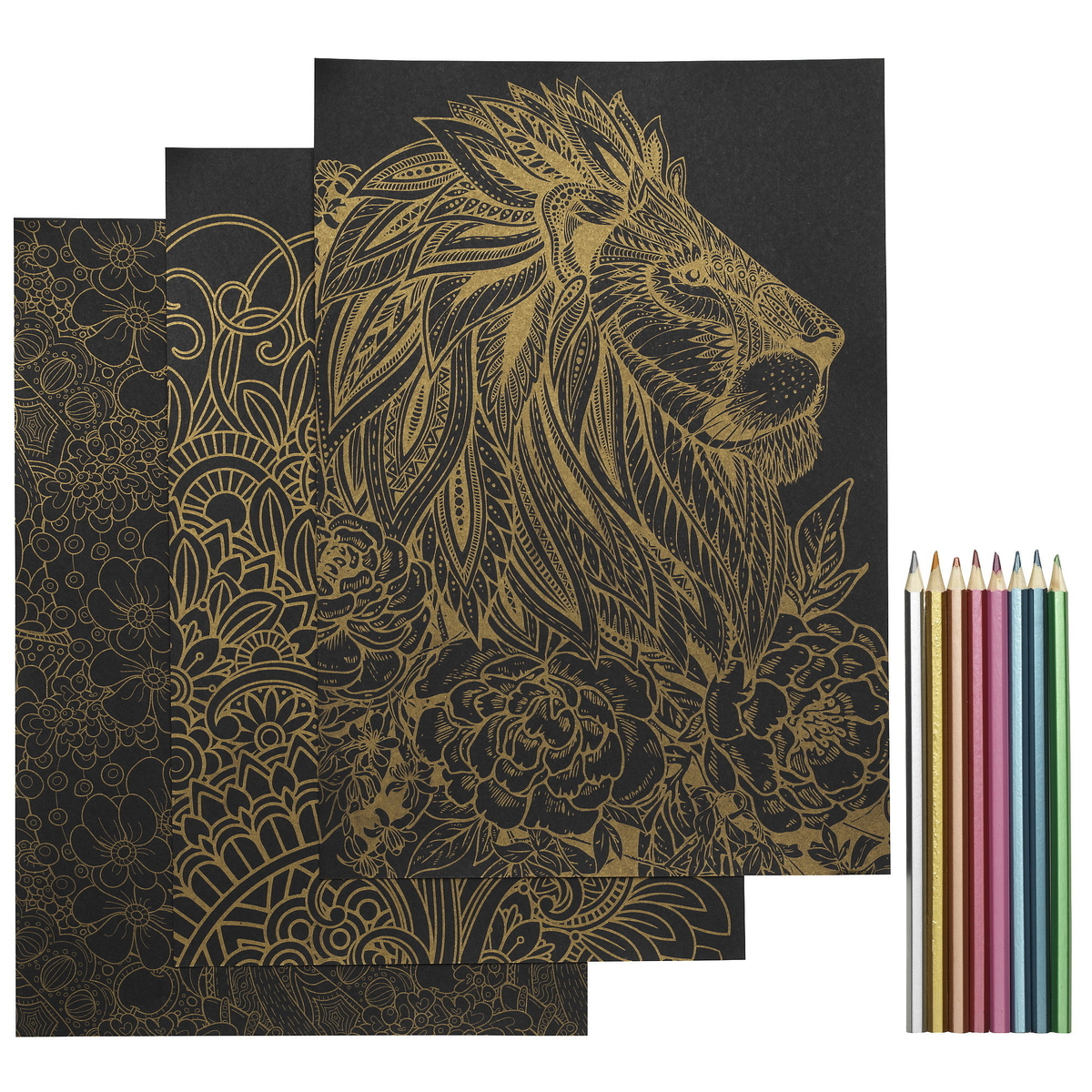 Black Colouring Kit – kolsvart målarbok med 30 guldiga motiv + 8 ...