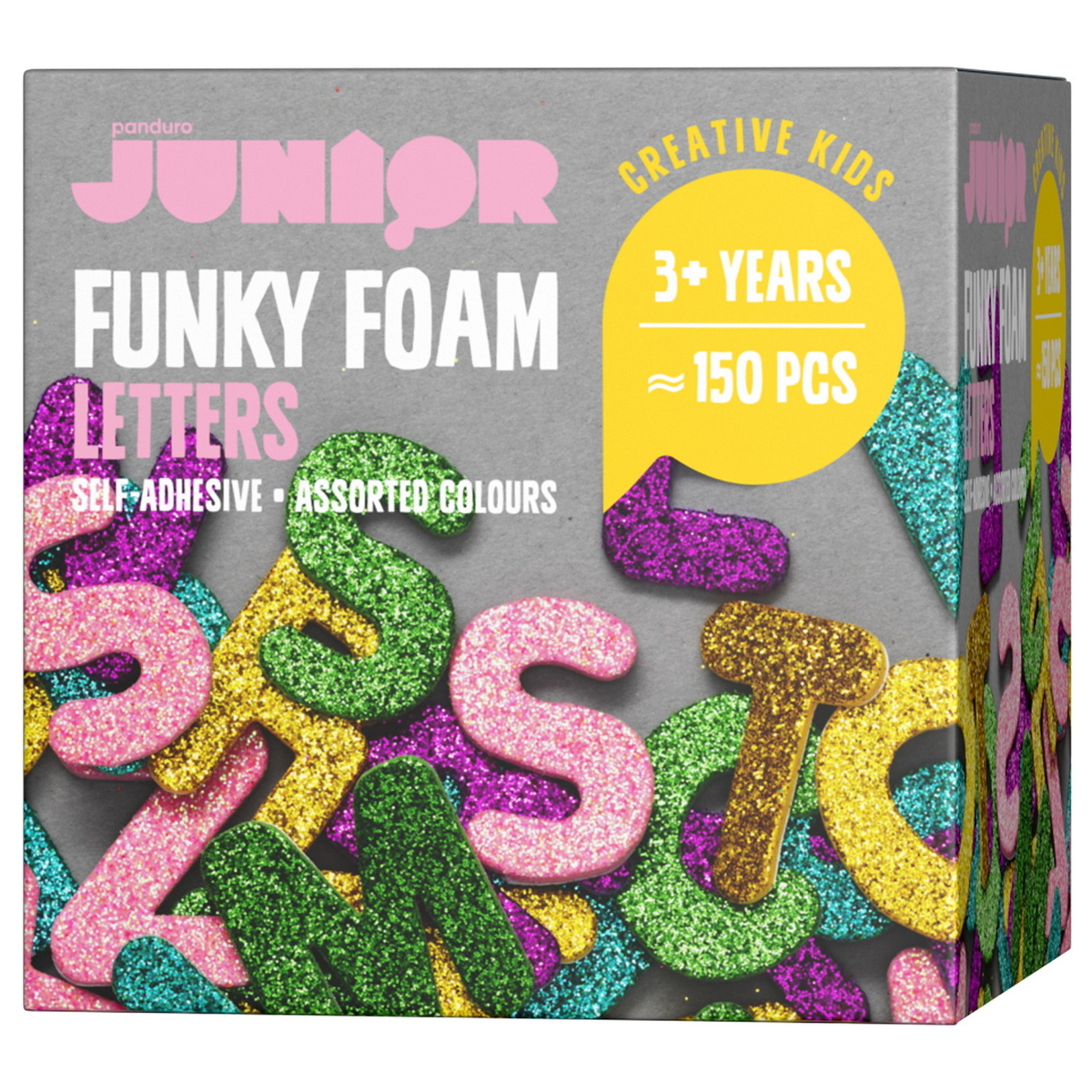 150 bitar med funky foam / dekorgummi med glitterbokstäver