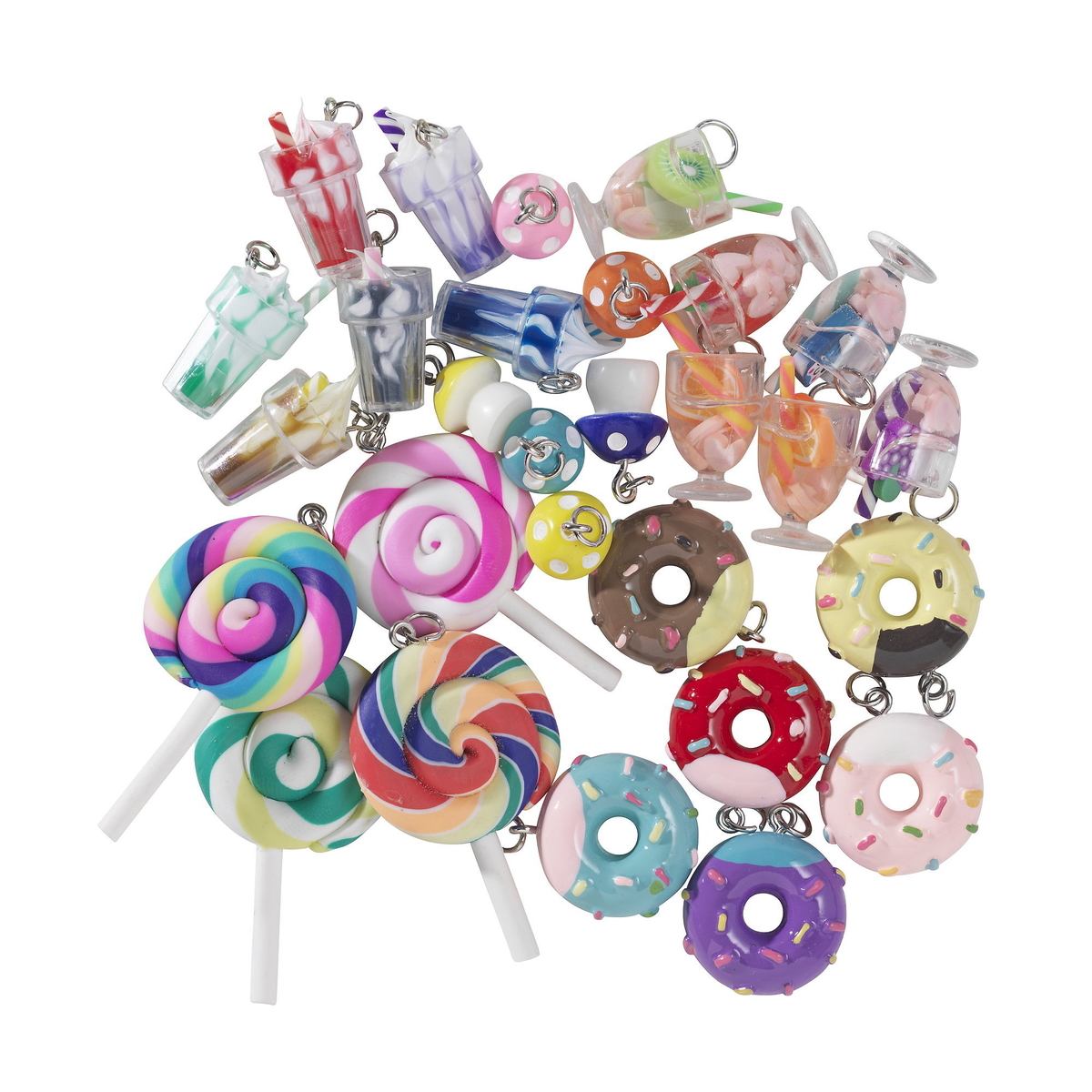 Hängen charms, 28 st. i 5 olika roliga & färgglada designer | Panduro